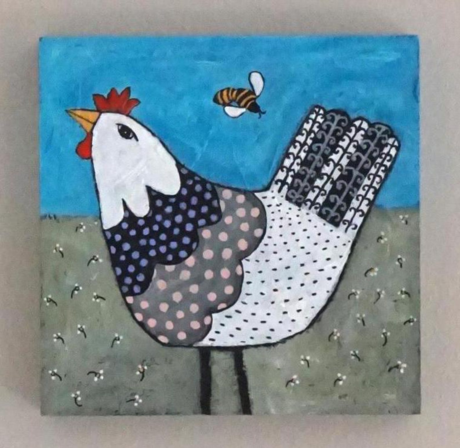 Whimsical Colorful Chicken Painting: Textural, Primitive, Folk Art ...