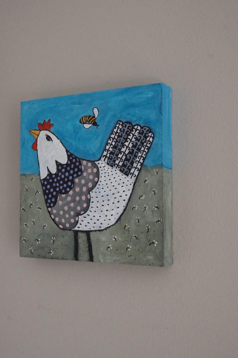 Whimsical Colorful Chicken Painting: Textural, Primitive, Folk Art ...
