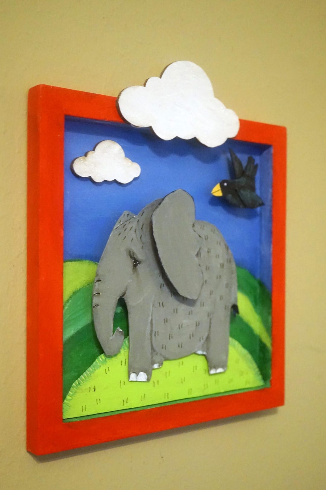 Folk Art Whimsical Elephant: Shadow Box, Diorama, Crow, Colorful, Small ...