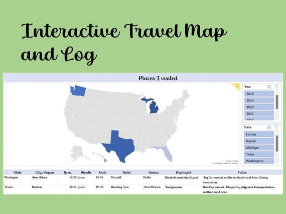 Interactive Map Travel Log for Excel - Etsy