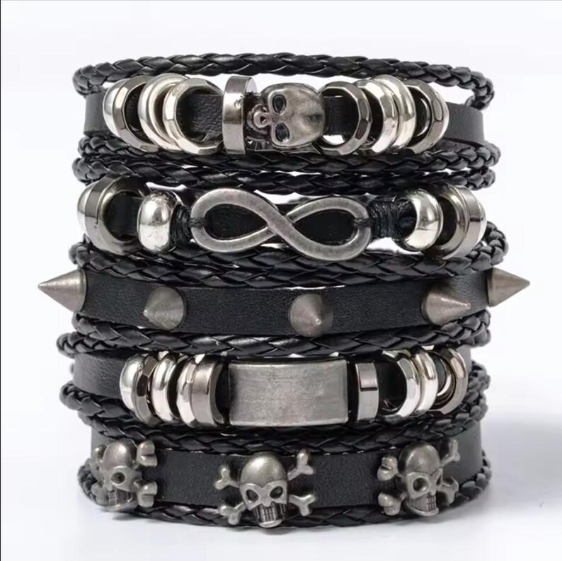 Punk Skull & Star Bracelet Set: Gothic Rock PU Leather Bangles - Etsy