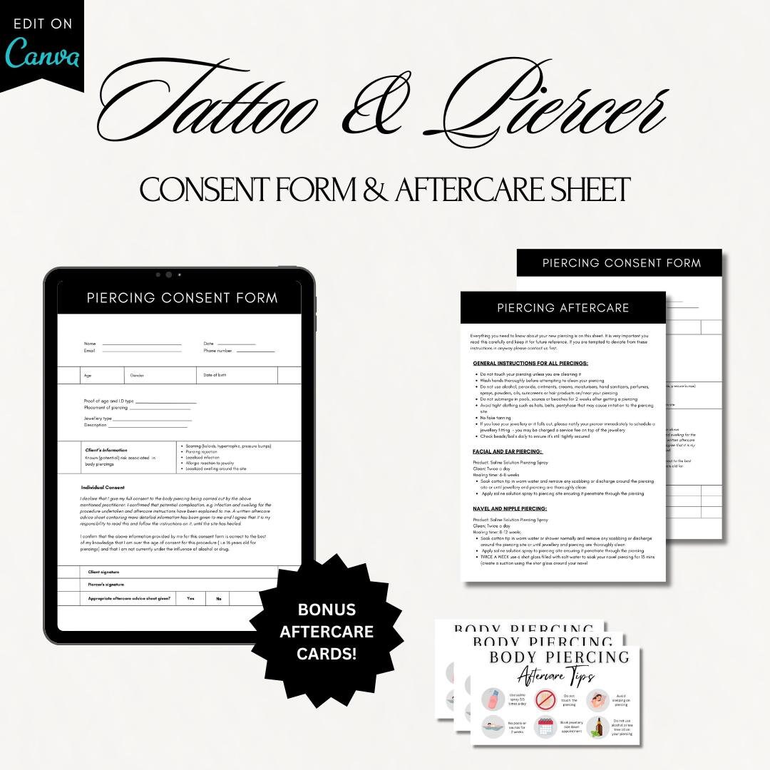 Piercing Tattoo Consent Forms Aftercare Cards - Etsy