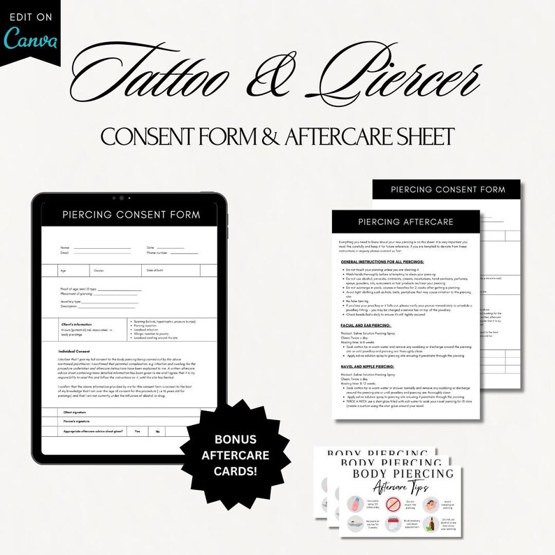 Piercing Tattoo Consent Forms Aftercare Cards - Etsy