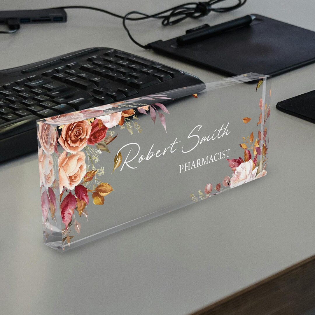 Pink Flower Name Plate, Acrylic Name Plate, Personalized Sign, Office ...