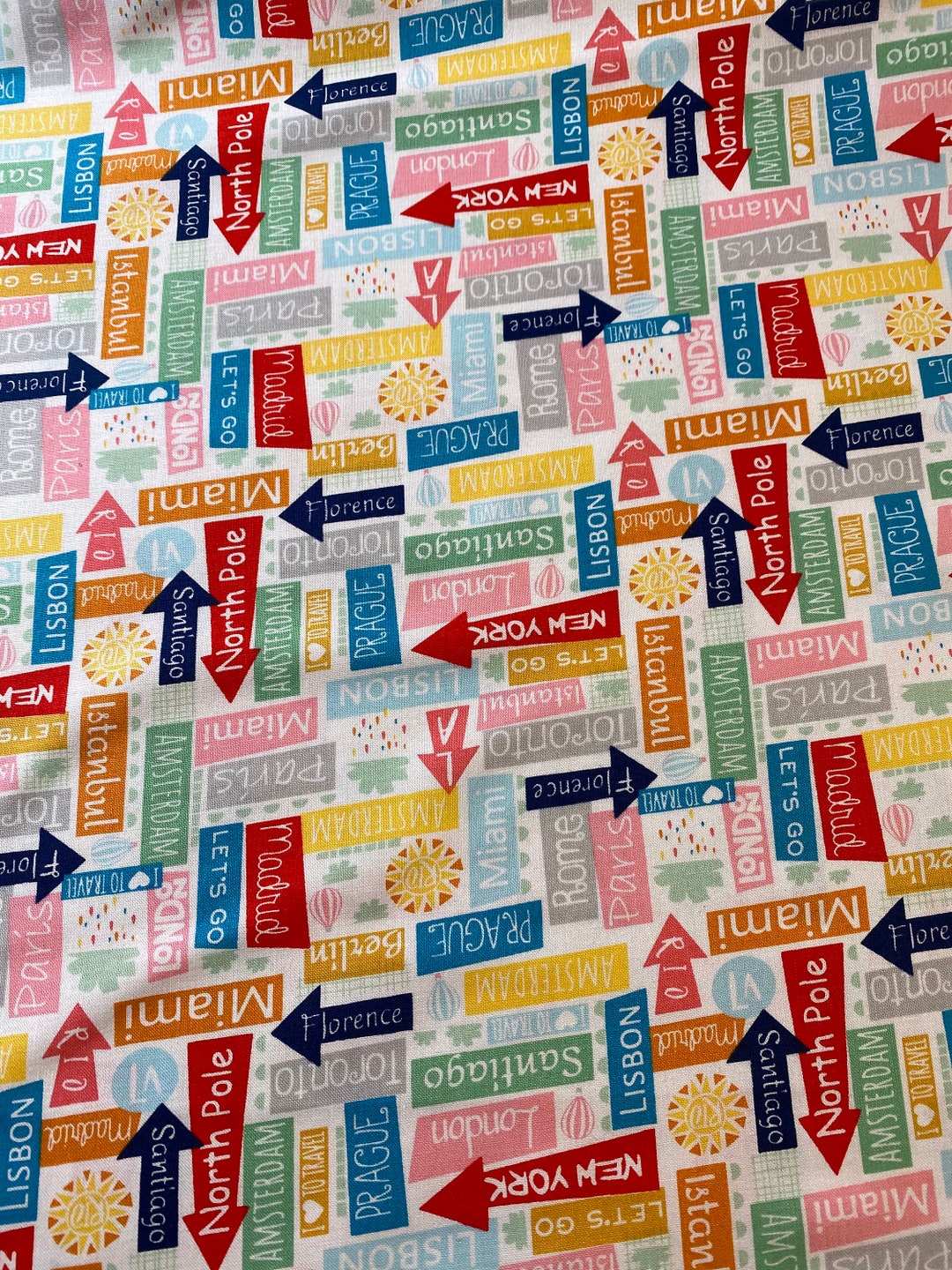 Travel Days City Destination Arrow Signs 100% Cotton Fabric by the Yard ...