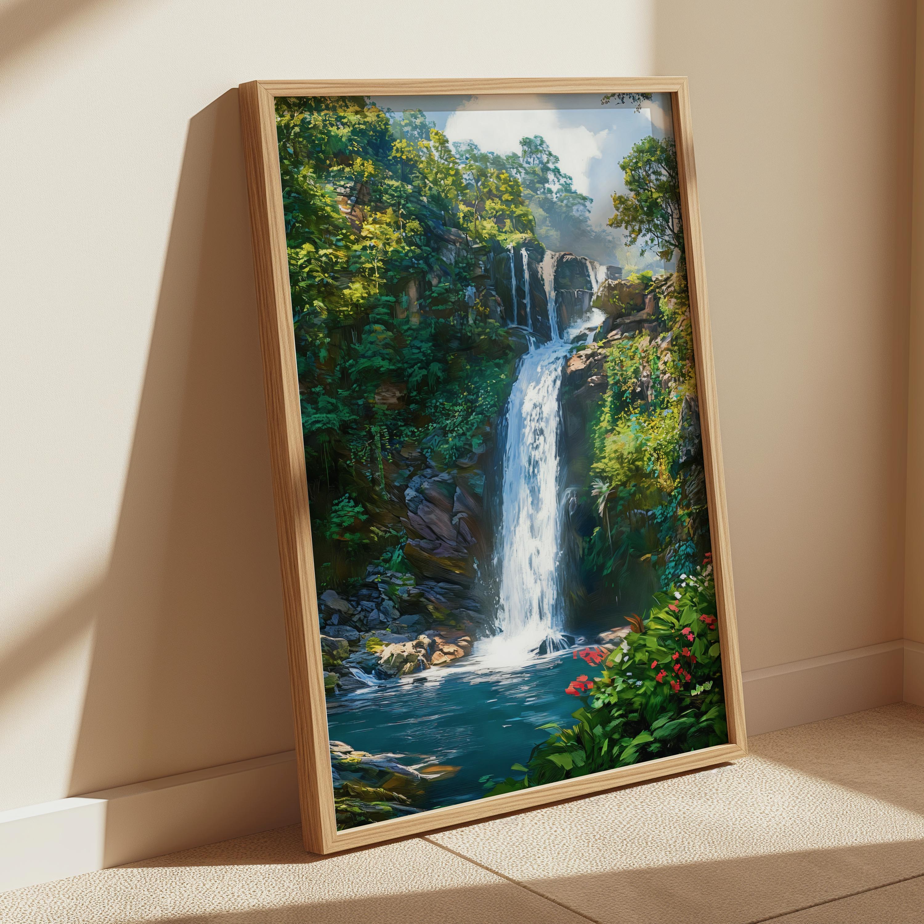 Waterfall Wall Art - Mountain Forest Waterfall Landscape Illustration ...