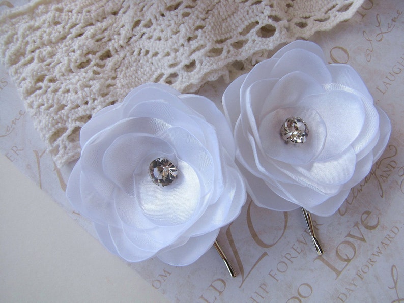Bridal Hair Pins With Satin Fabric Flowers (set of 2 Pcs) - PURE WHITE ...