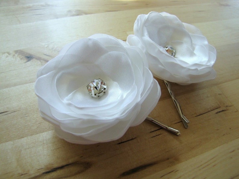 Bridal Hair Pins With Satin Fabric Flowers (set of 2 Pcs) - PURE WHITE ...