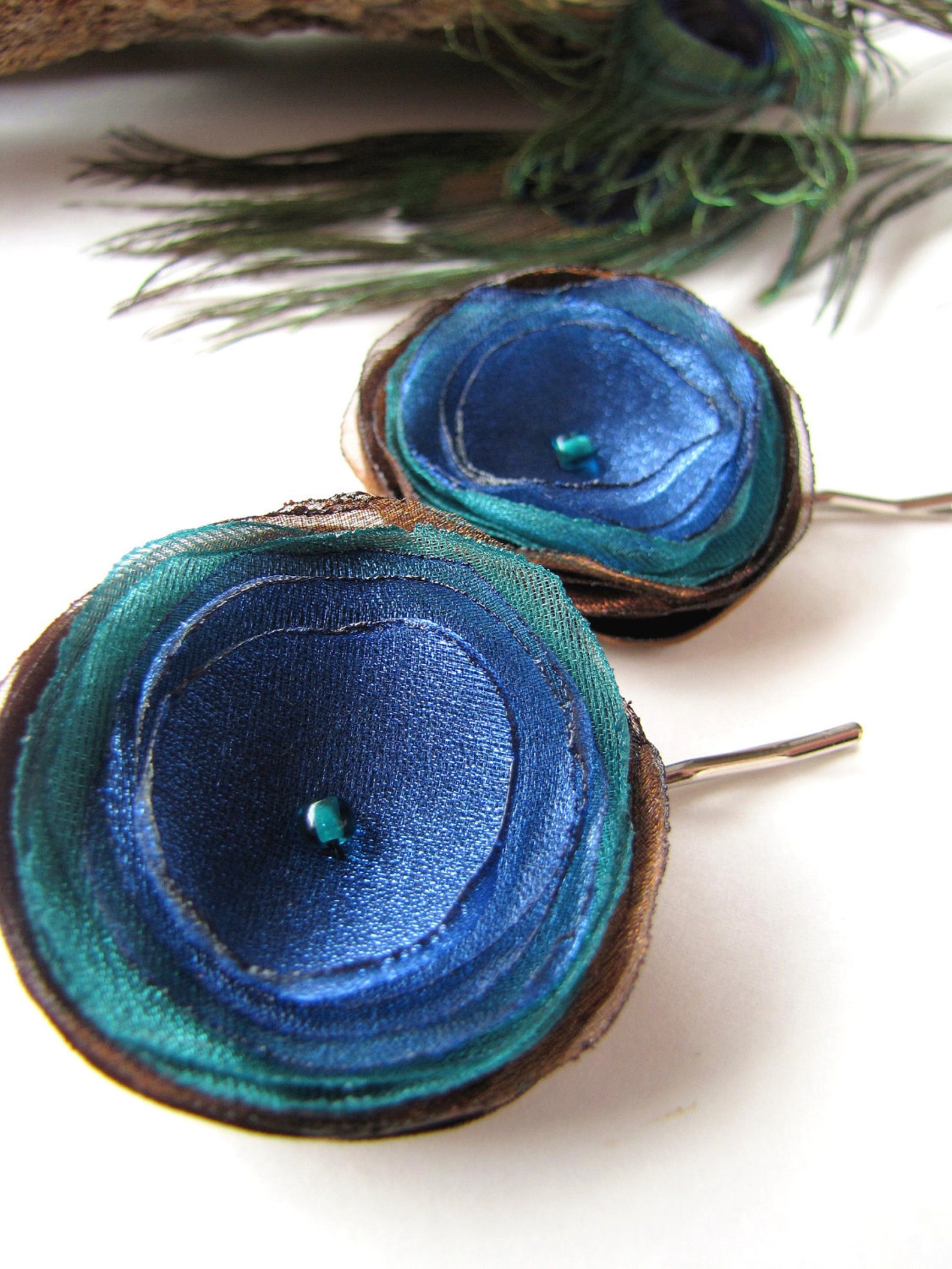 Hair Pins With Handmade Satin and Organza Fabric Flowers set - Etsy