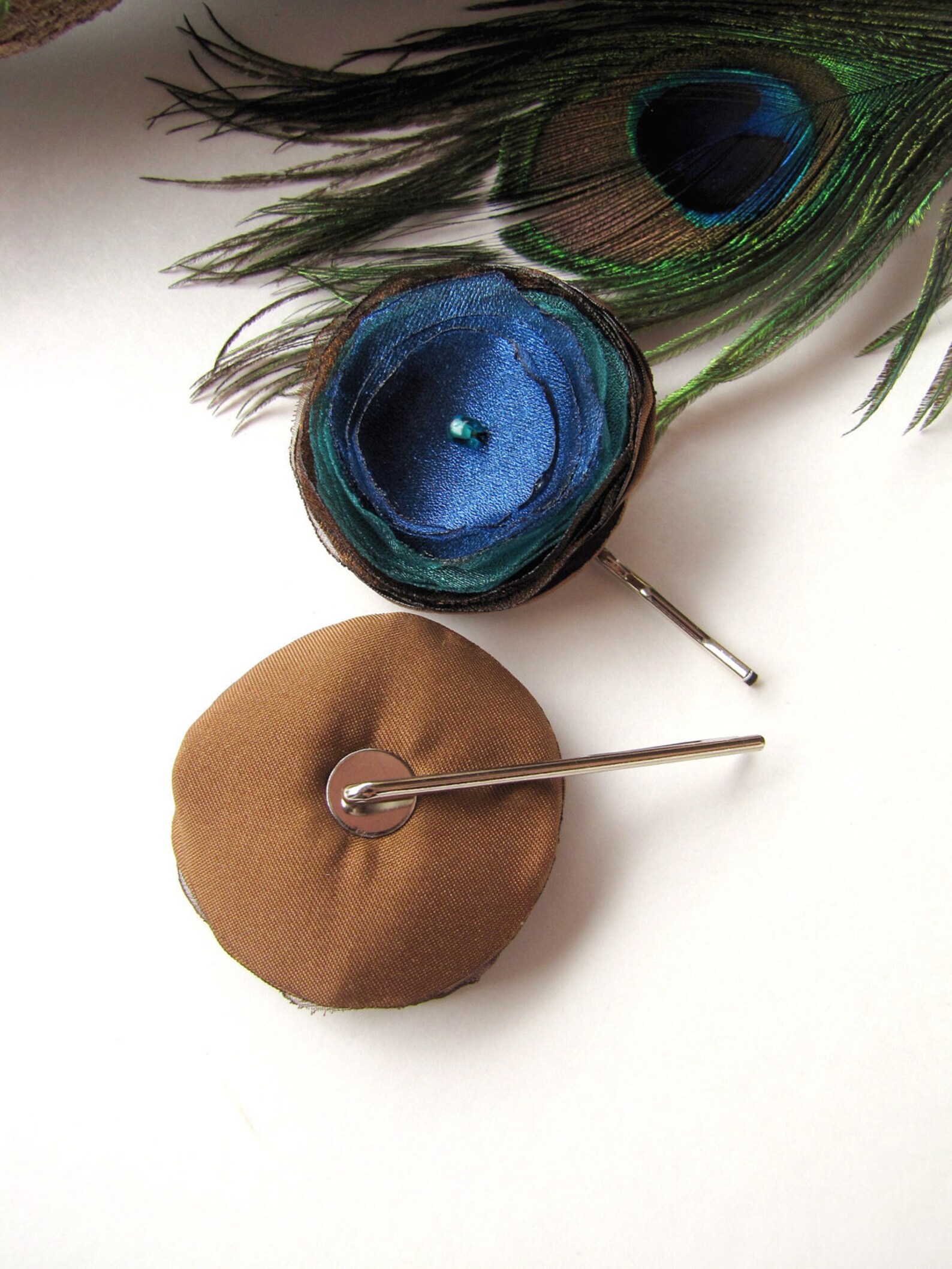 Hair Pins With Handmade Satin and Organza Fabric Flowers set - Etsy