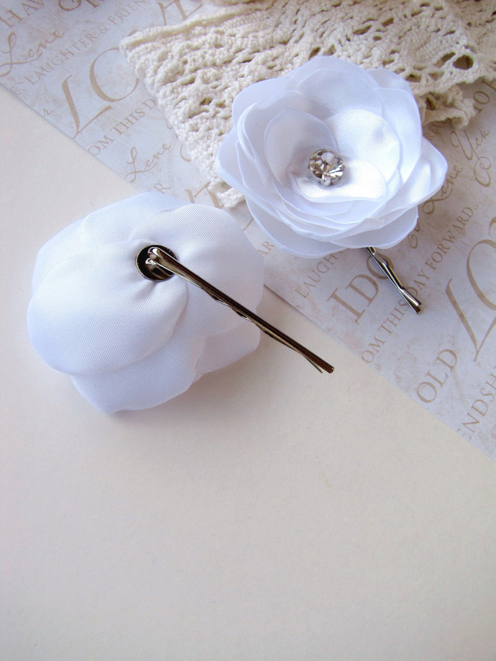 Bridal Hair Pins With Satin Fabric Flowers (set of 2 Pcs) - PURE WHITE ...