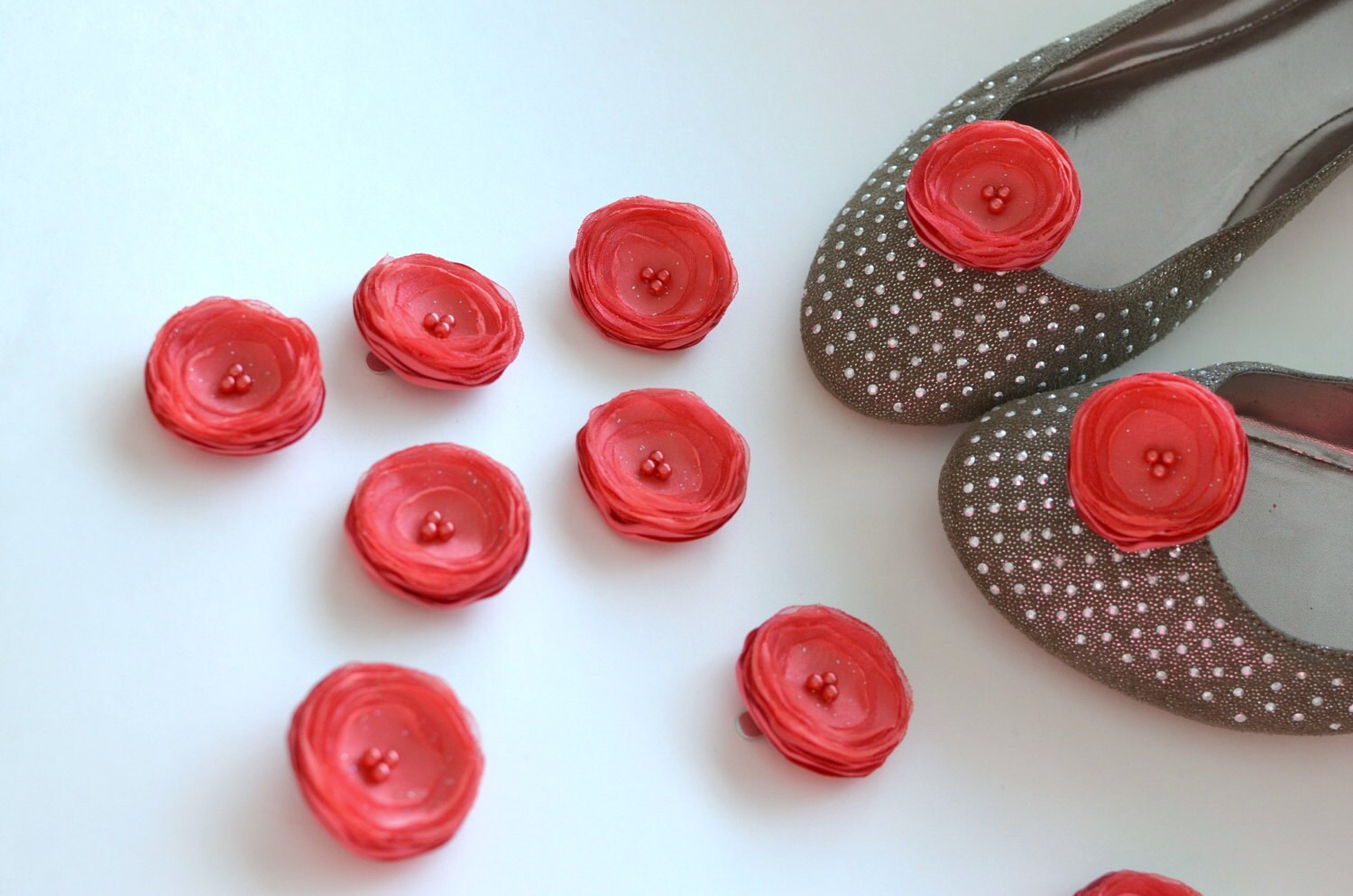 Shoe Clips With Fabric Flowers, Bridal Shoe Adornments, Floral ...