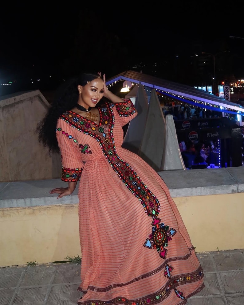 Modern Ethiopian Dress With Red Trim – Chic Habesha Kemis | Habesha ...