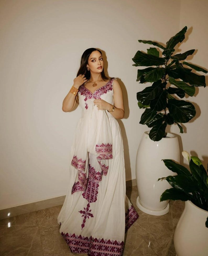 Habesha Kemis - Handmade Purple Dress With White Tilet - Etsy