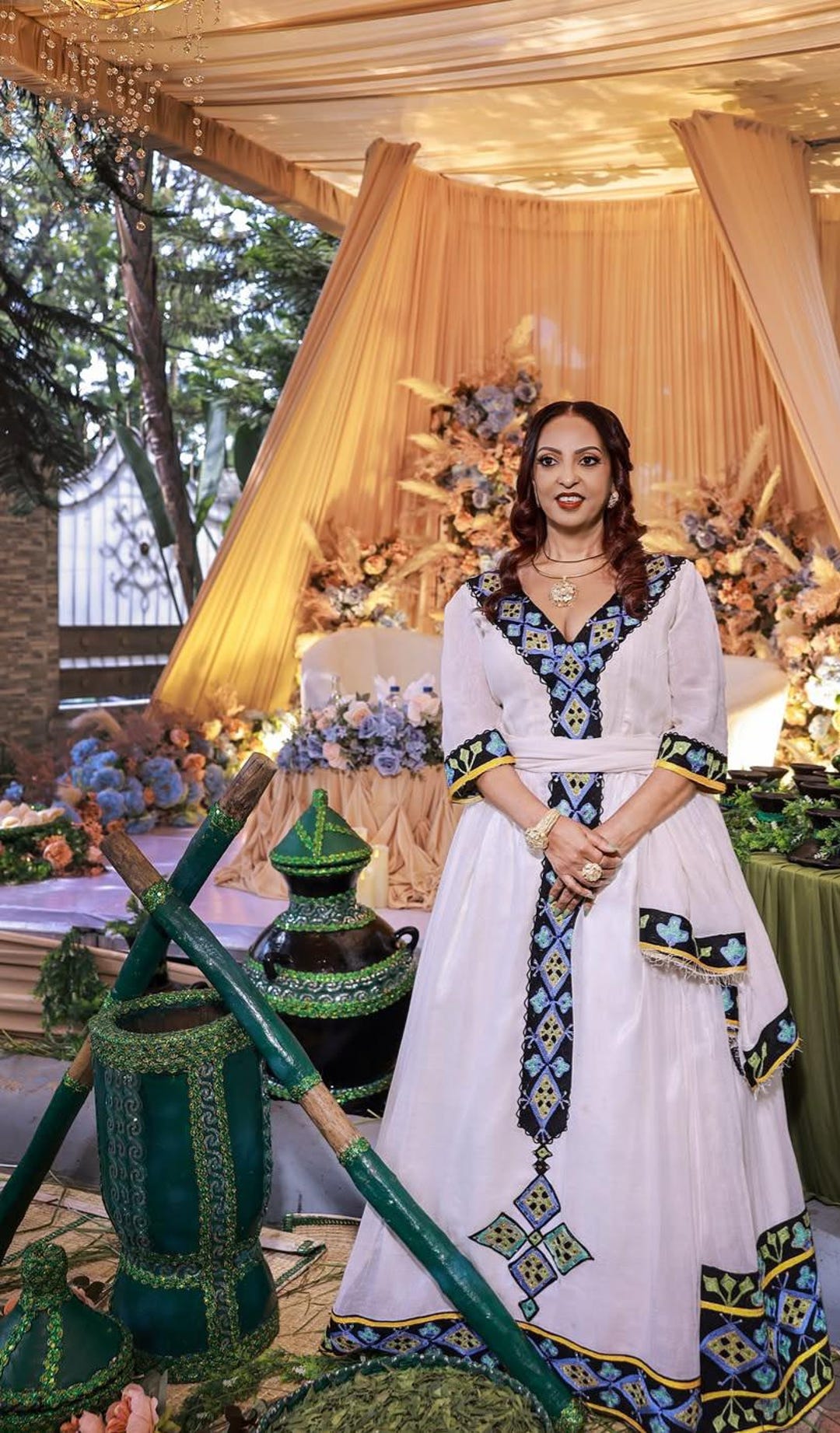 White Habesha Kemis – Green Tibeb Handwoven Ethiopian Cultural Dress - Etsy