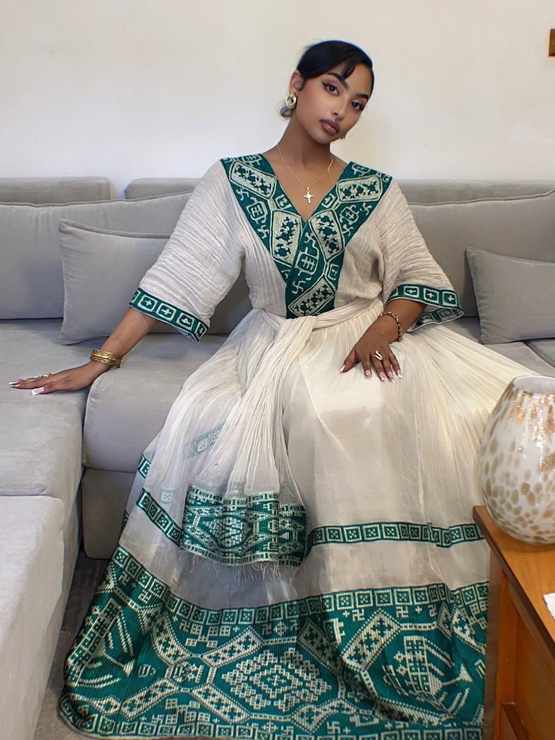 Green Ethiopia Cultural Dress for Holiday – Traditional Habesha Dress ...