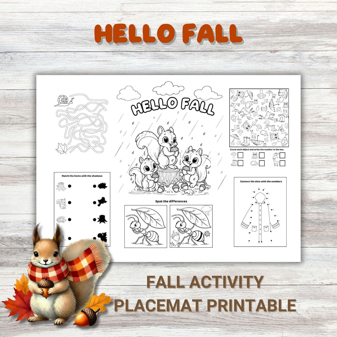 Fall Activity Placemat - Kids Coloring Sheet (printable PDF), Perfect ...