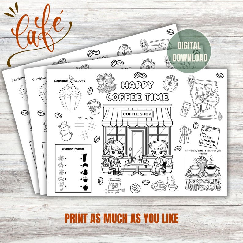 Coffee Shop Activity Placemat Printable, Kids Coloring, Perfect for ...