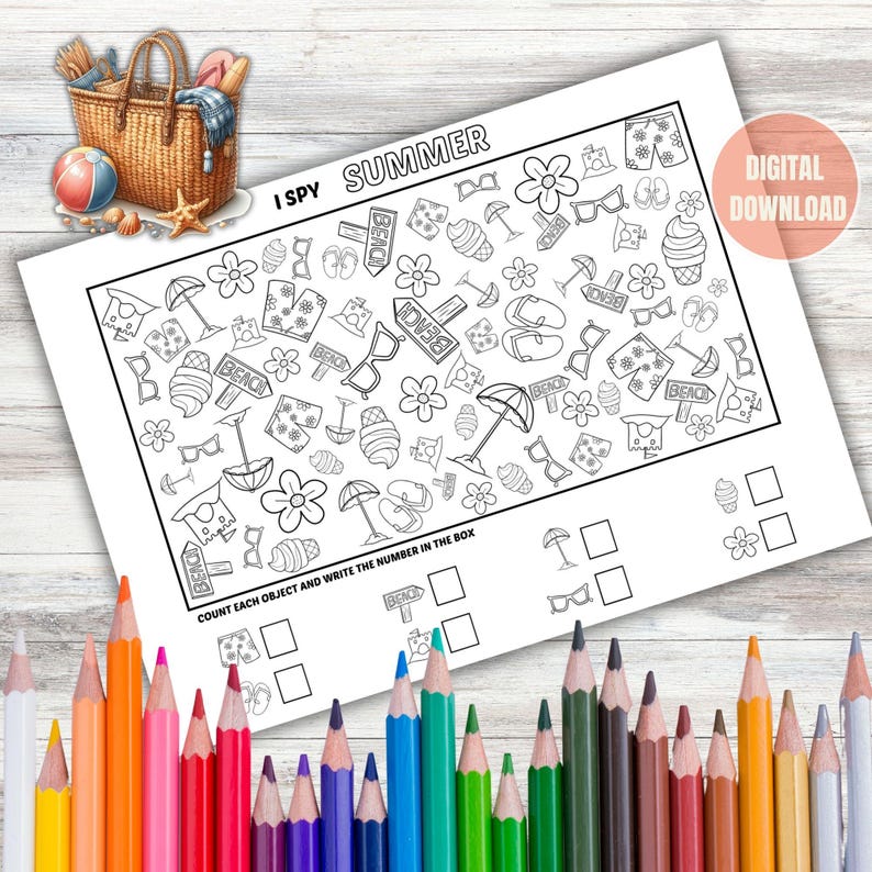 I Spy Summer Coloring Activity Placemat Printable for Kids, Seasonal ...