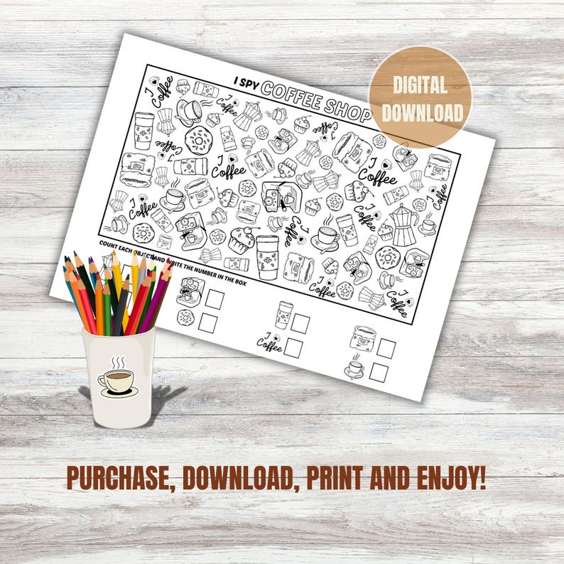 I Spy Coffee Shop Coloring Mat: Kids Activity, Cafe Printable (digital ...