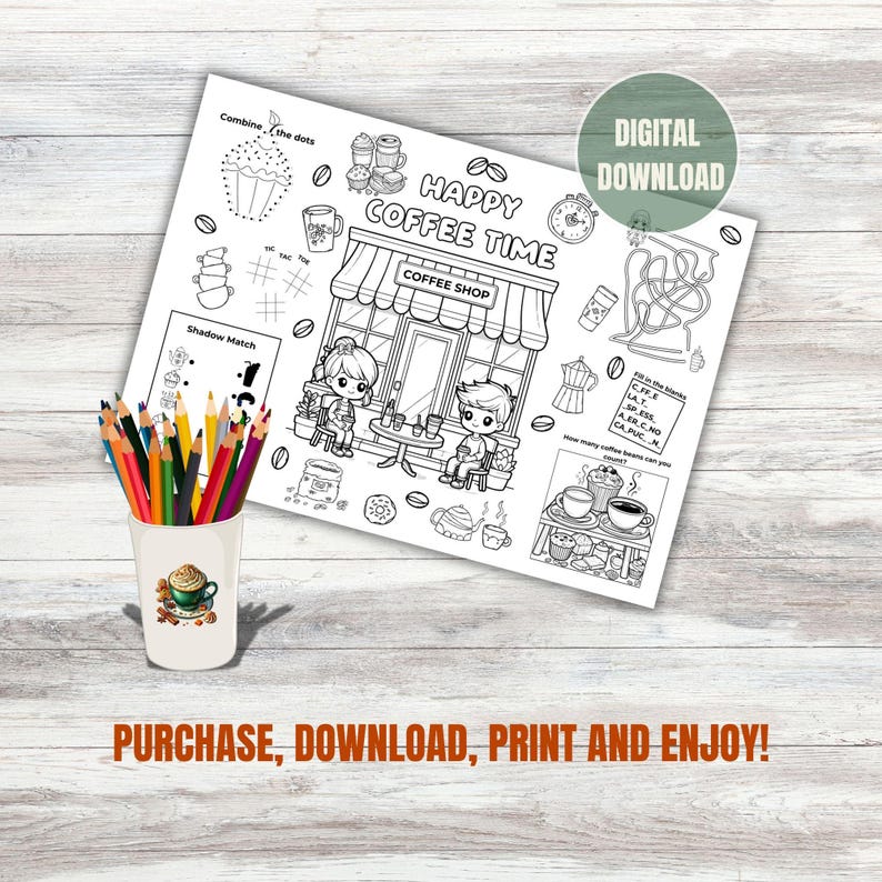 Coffee Shop Activity Placemat Printable, Kids Coloring, Perfect for ...