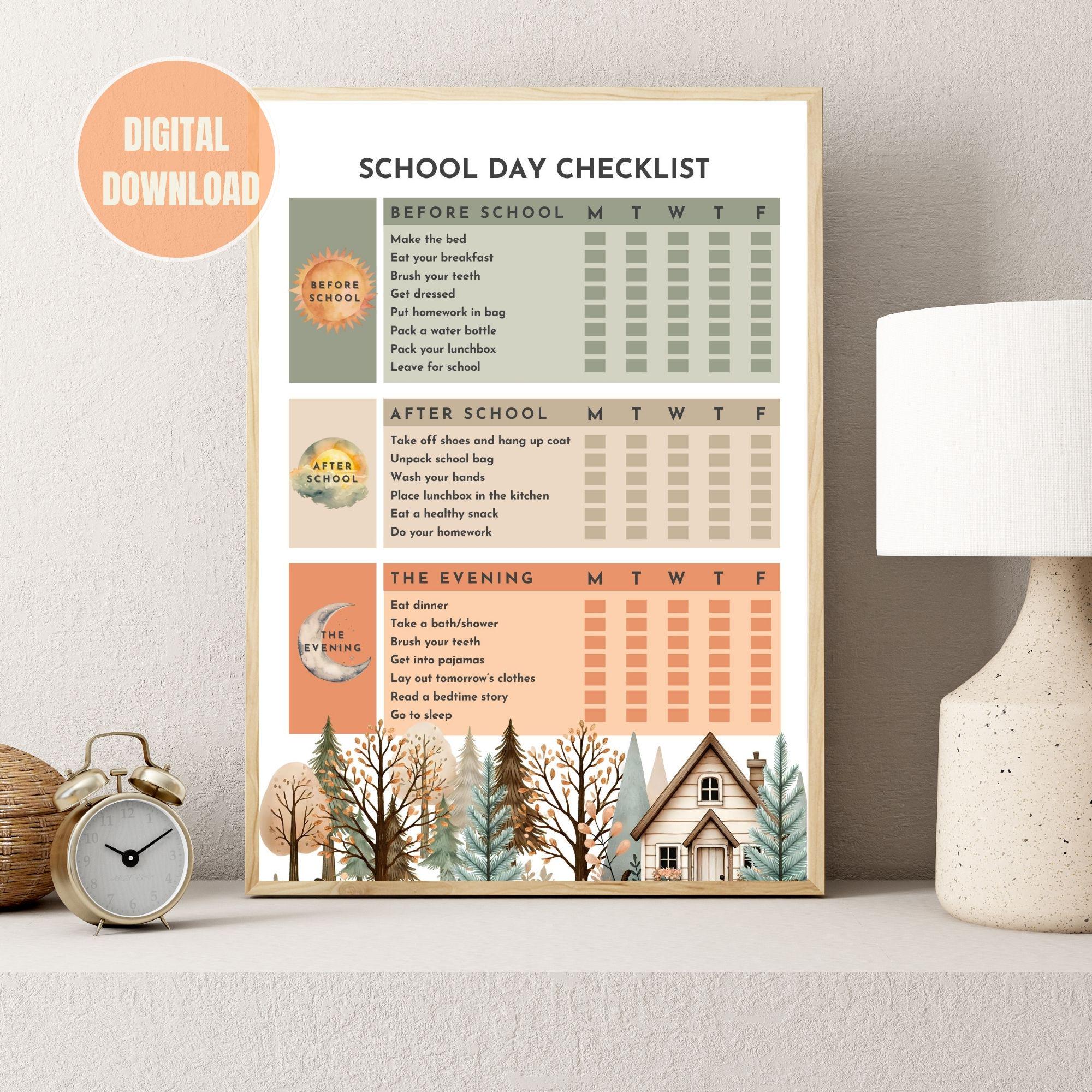 School Day Checklist for Kids, Printable Daily Routine Organizer, ADHD ...