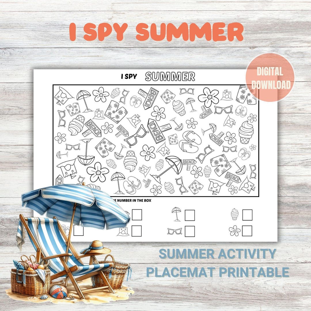 I Spy Summer Coloring Activity Placemat Printable for Kids, Seasonal ...