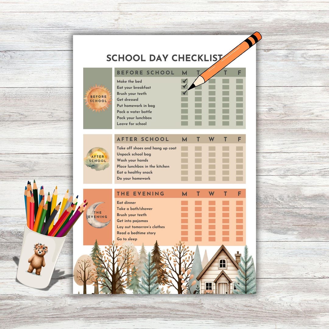 School Day Checklist for Kids, Printable Daily Routine Organizer, ADHD ...