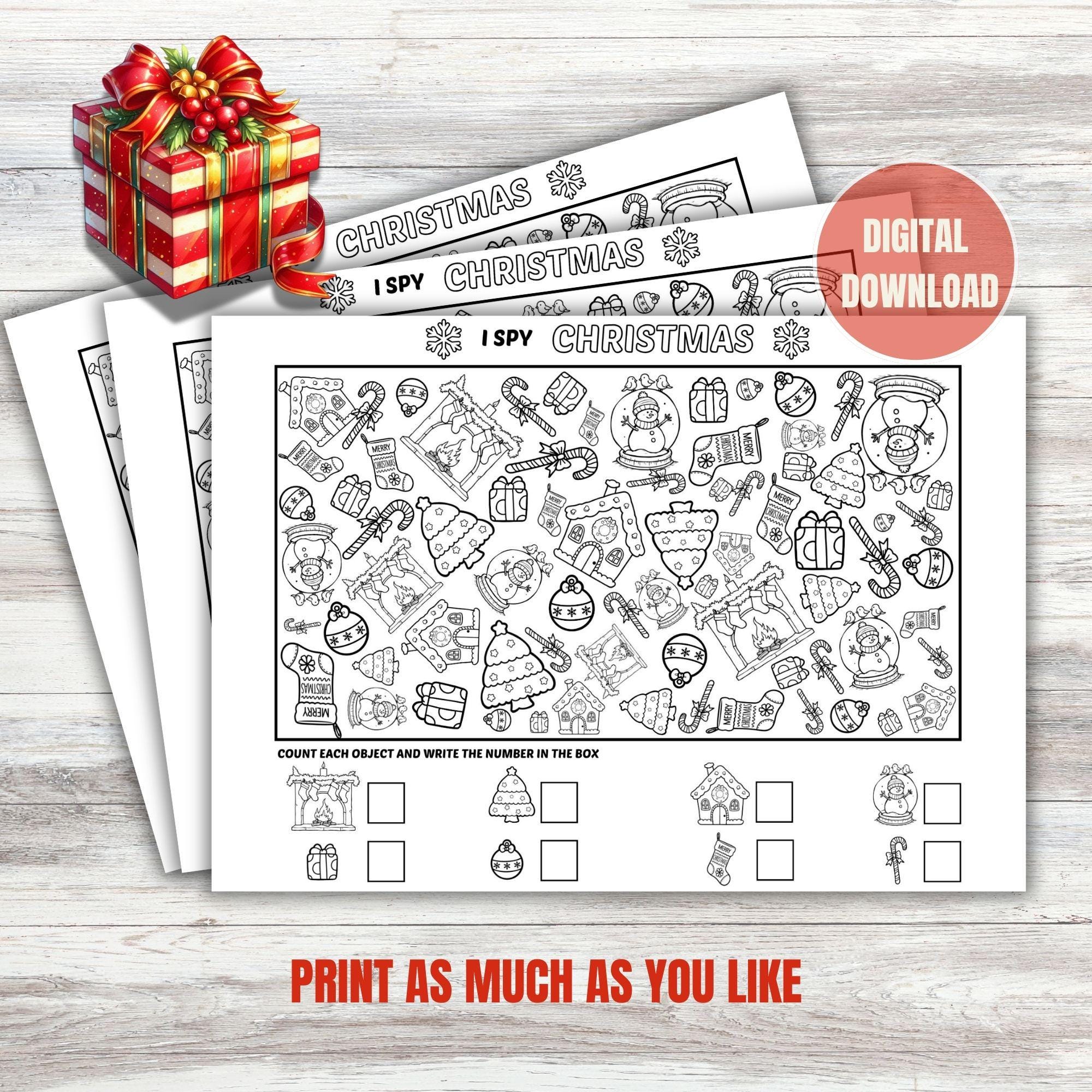 Printable Christmas I Spy Activity Placemat for Kids, Holiday Coloring ...