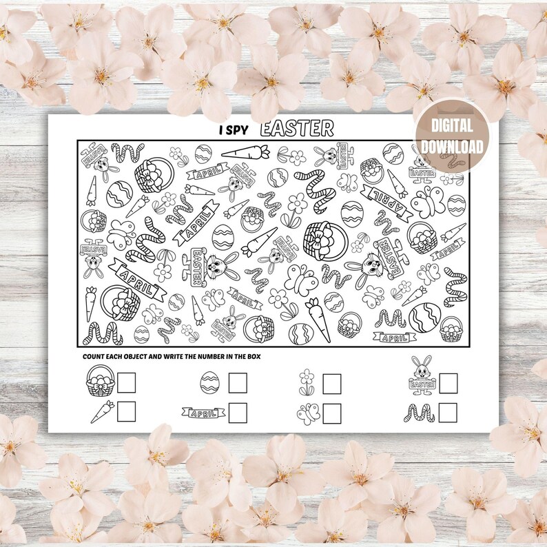 Easter I Spy Coloring Activity Placemat Printable, Fun Educational Game ...
