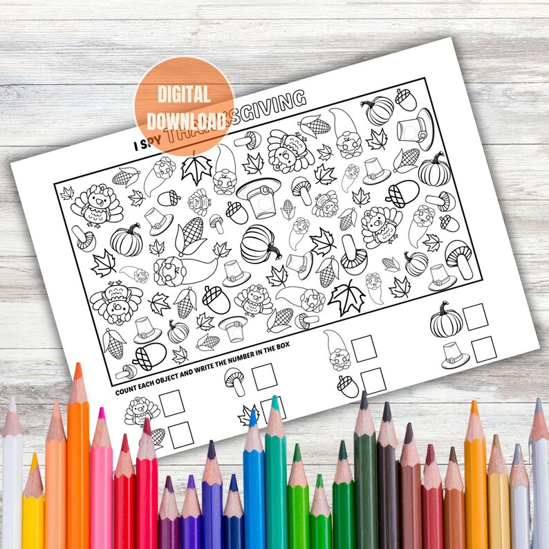 I Spy Thanksgiving Coloring Activity Page for Kids, Search and Color ...