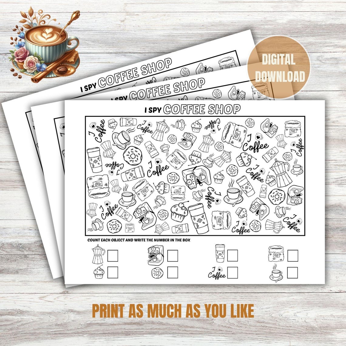Printable I Spy Coffee Shop Coloring Activity Mat for Children, Instant ...