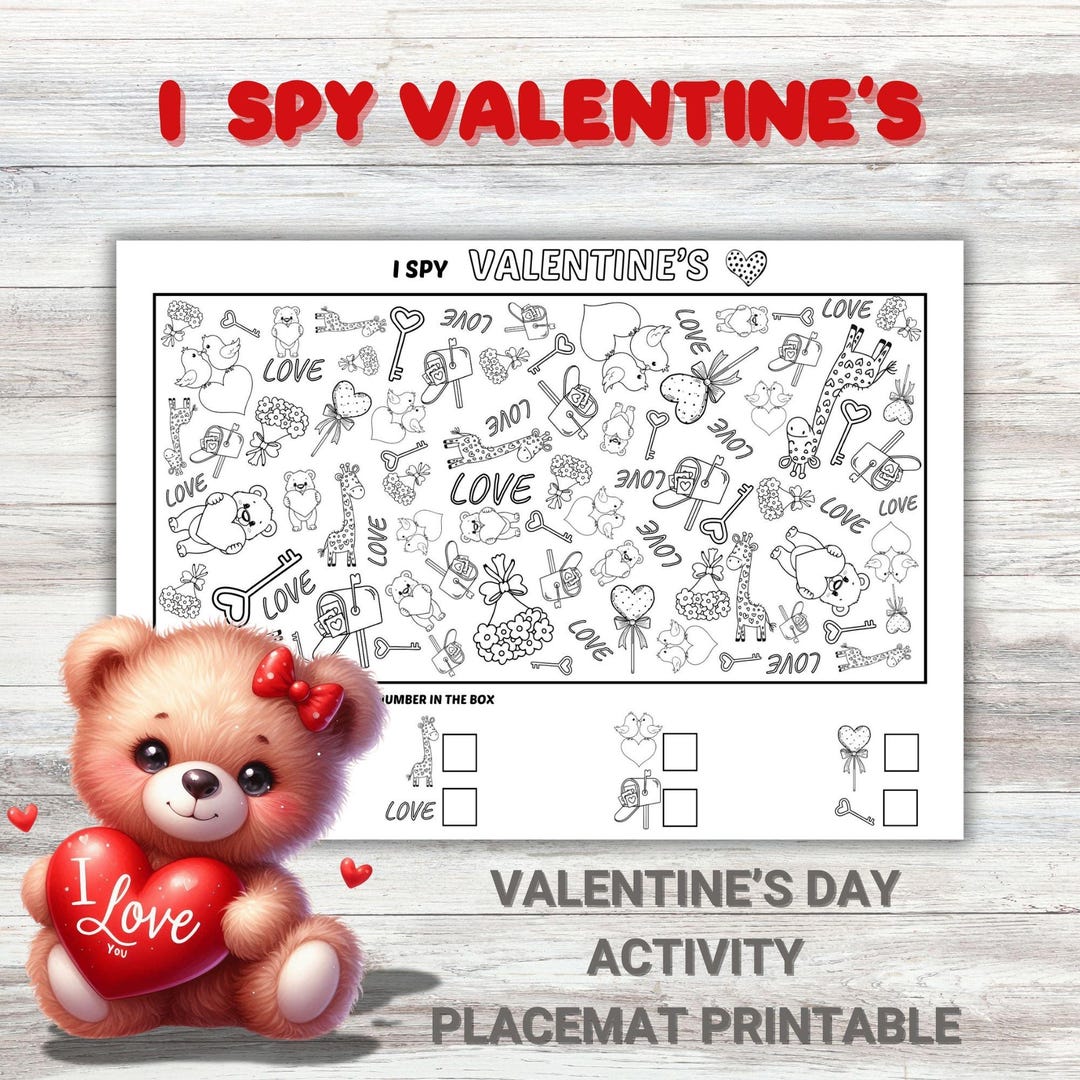 I Spy Valentine's Coloring Activity Placemat Printable, Kid's Valentine ...