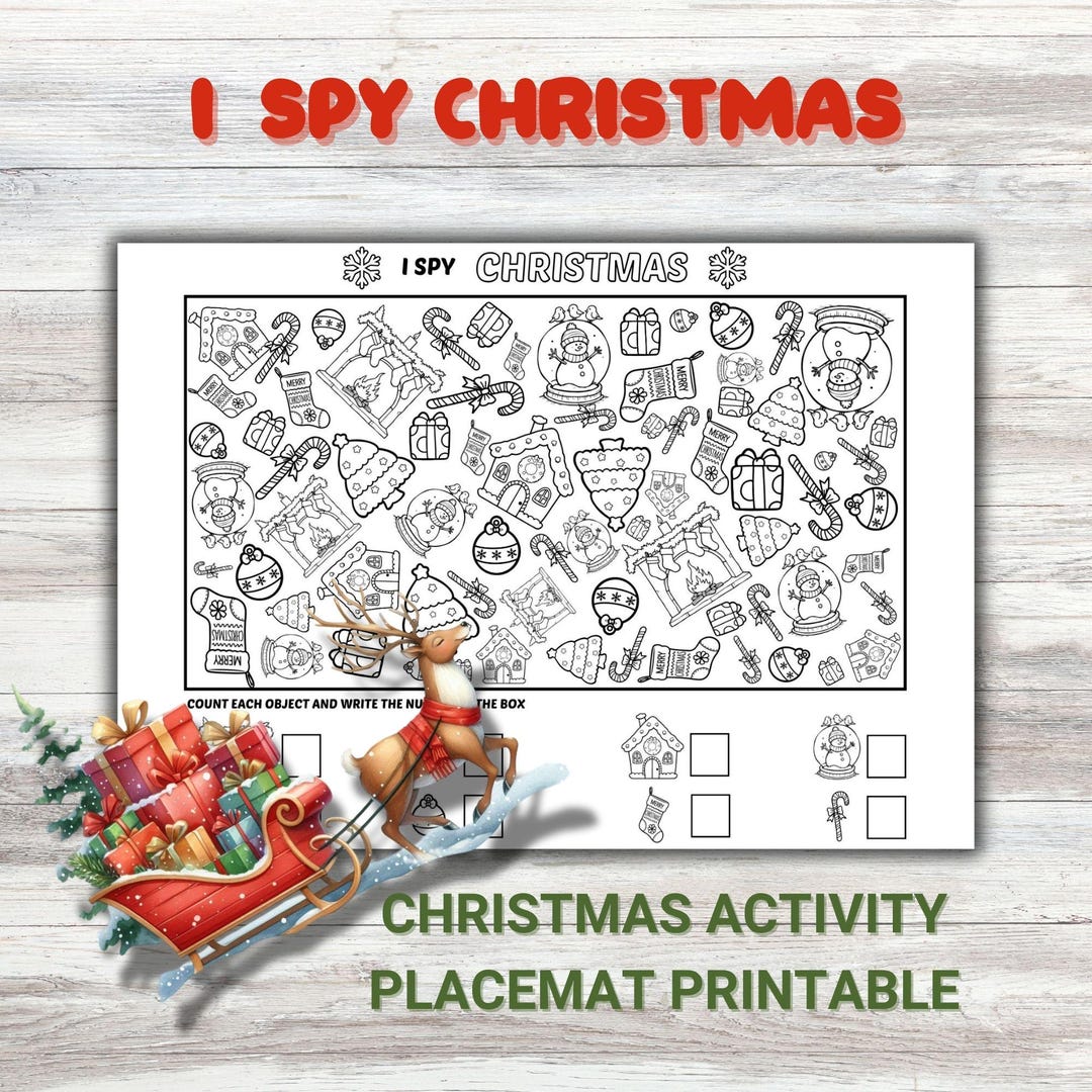 Printable Christmas I Spy Activity Placemat for Kids, Holiday Coloring ...