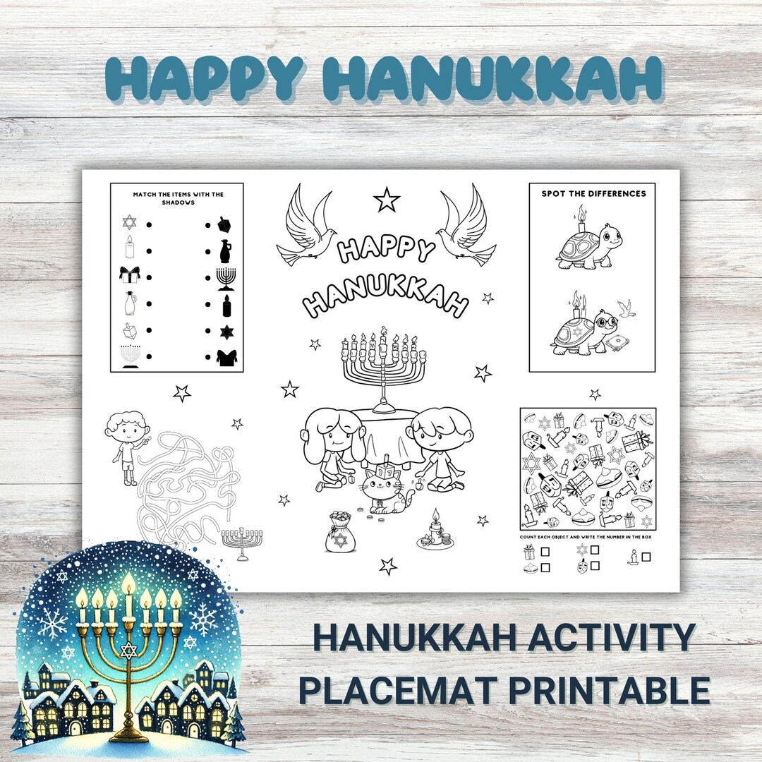 Hanukkah Activity Placemat Printable: Kids Coloring Sheet (instant ...