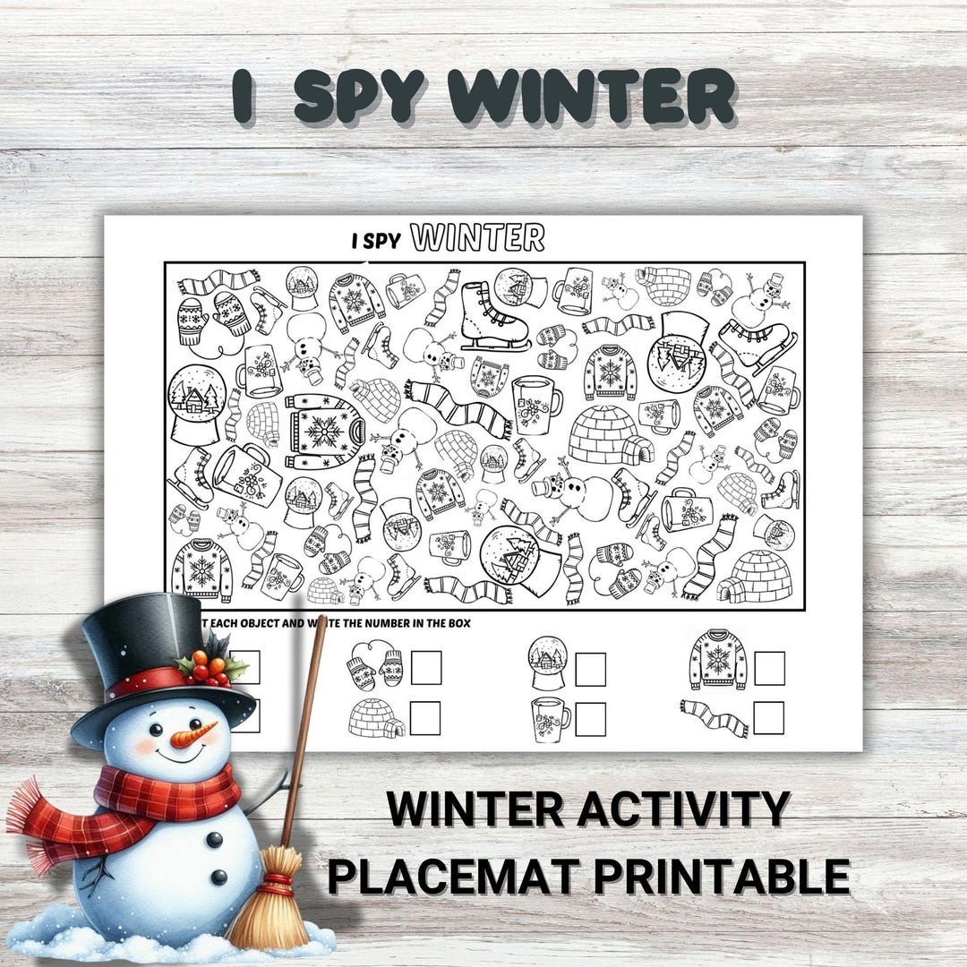 I Spy Winter Coloring Activity Placemat Printable for Kids, Holiday ...