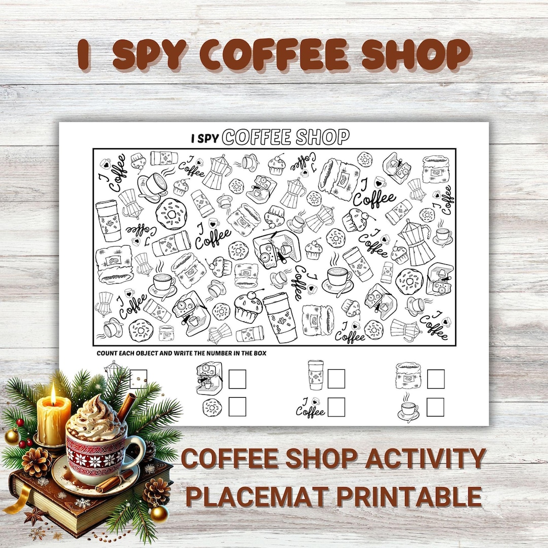 Printable I Spy Coffee Shop Coloring Activity Mat for Children, Instant ...