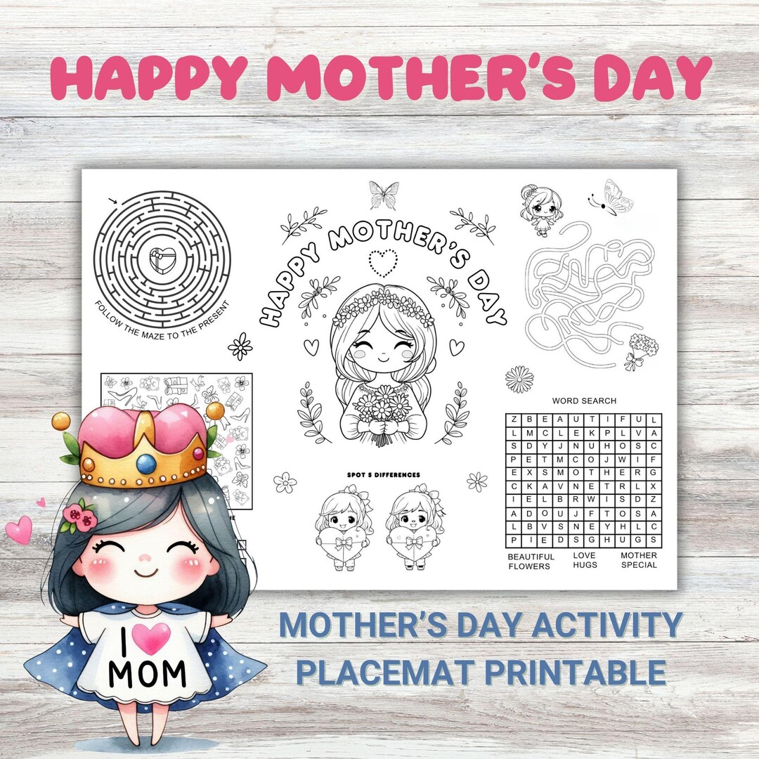Mothers Day Coloring Activity Placemat Printable for Kids, Fun ...