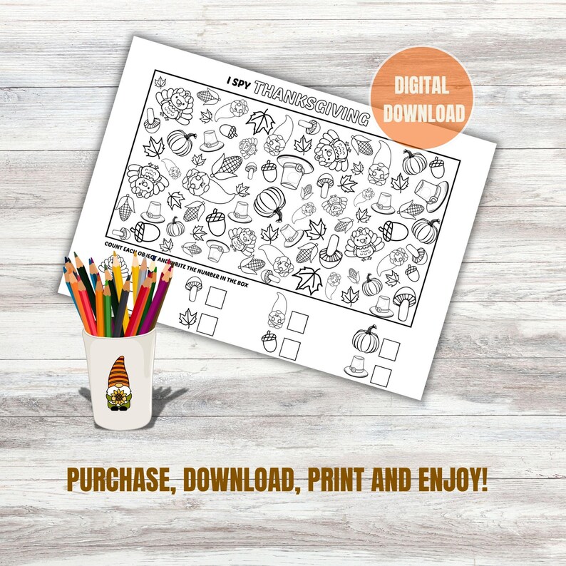 I Spy Thanksgiving Coloring Activity Page for Kids, Search and Color ...