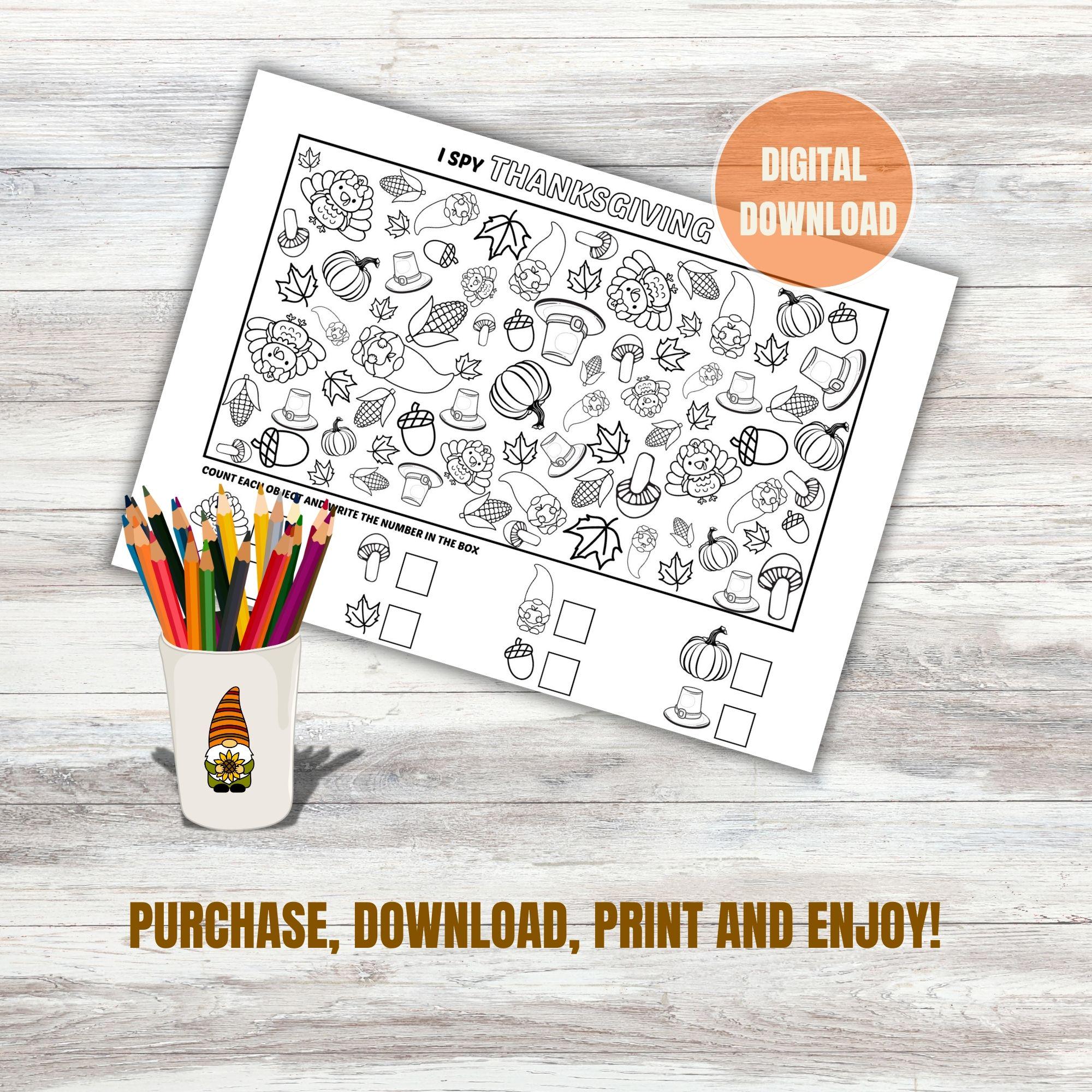 I Spy Thanksgiving Coloring Activity Page for Kids, Search and Color ...