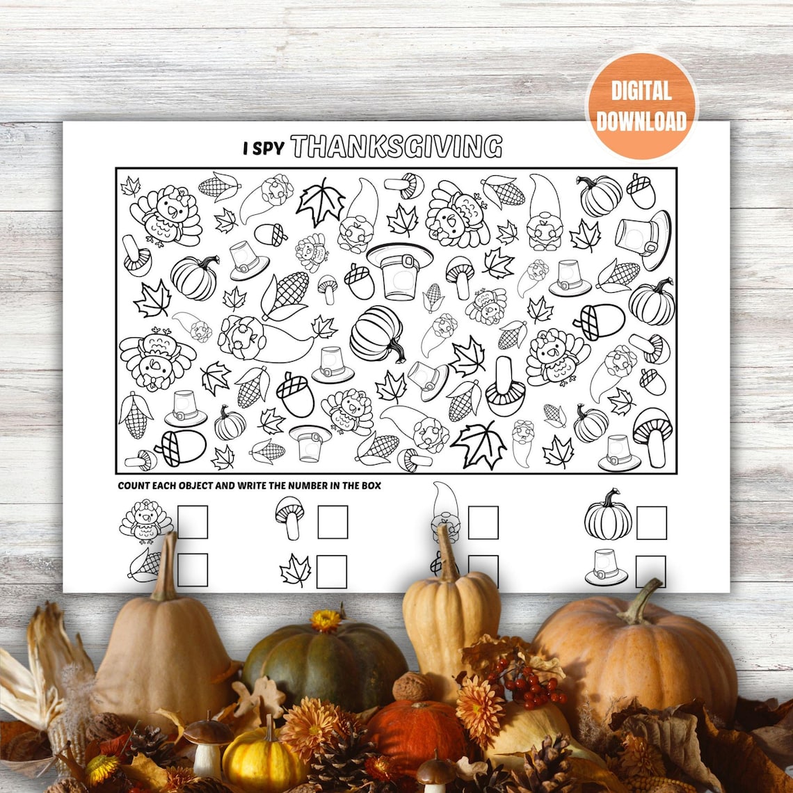 I Spy Thanksgiving Coloring Page: Kids Activity Placemat (digital ...