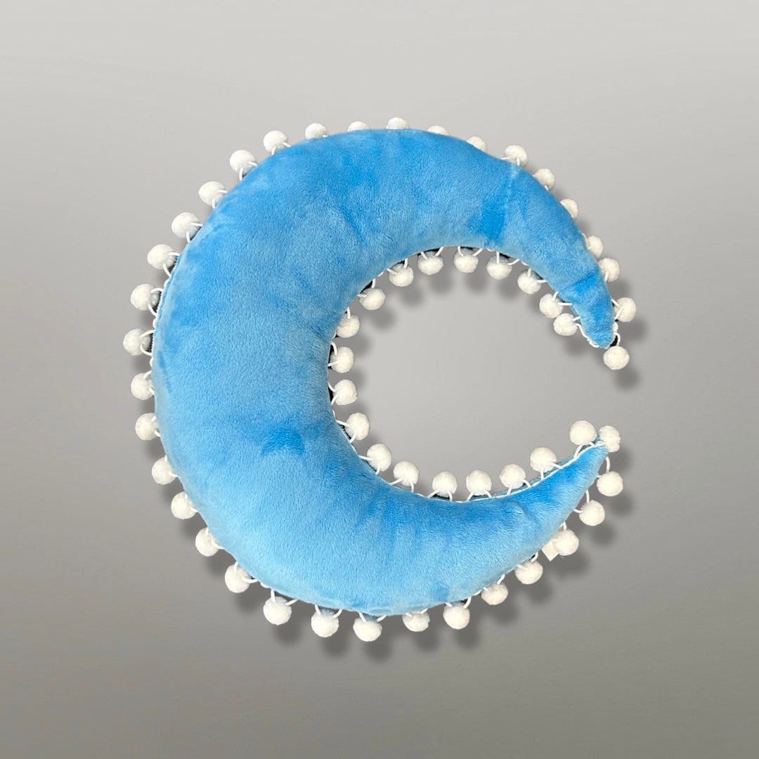 14" Crescent Moon Plush Pom-pom Pillows. Light Blue/ White Pastel Moon ...