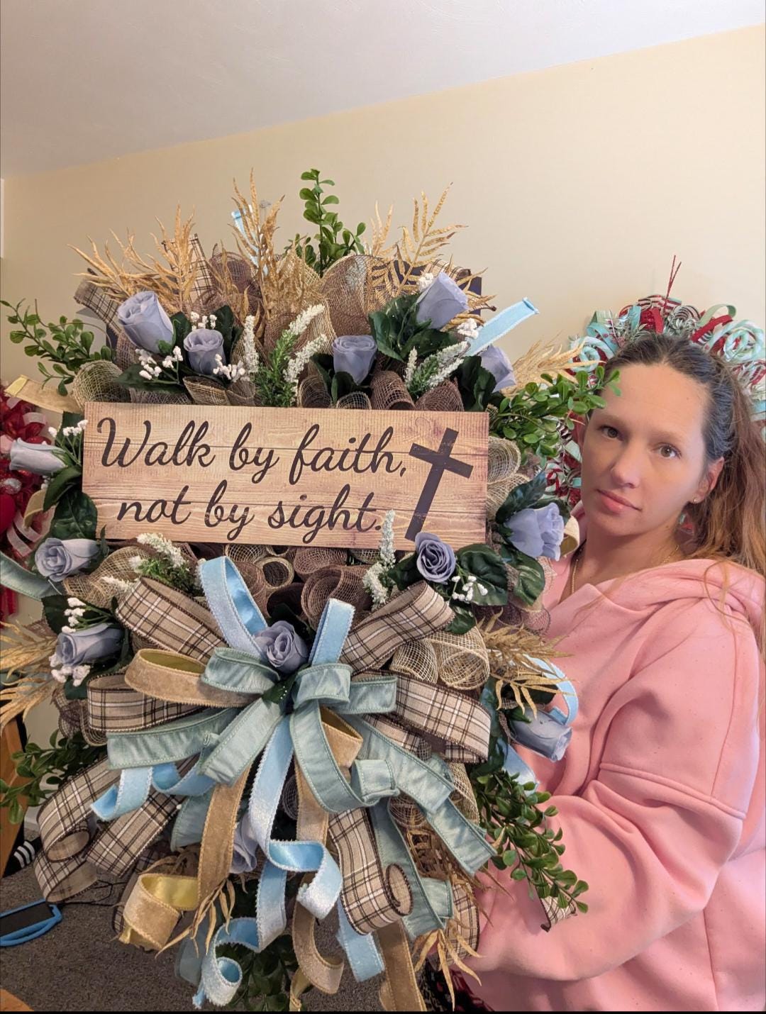 Walk by Faith, Not by Sight Wreath, Powder, Blue Roses and Designer ...