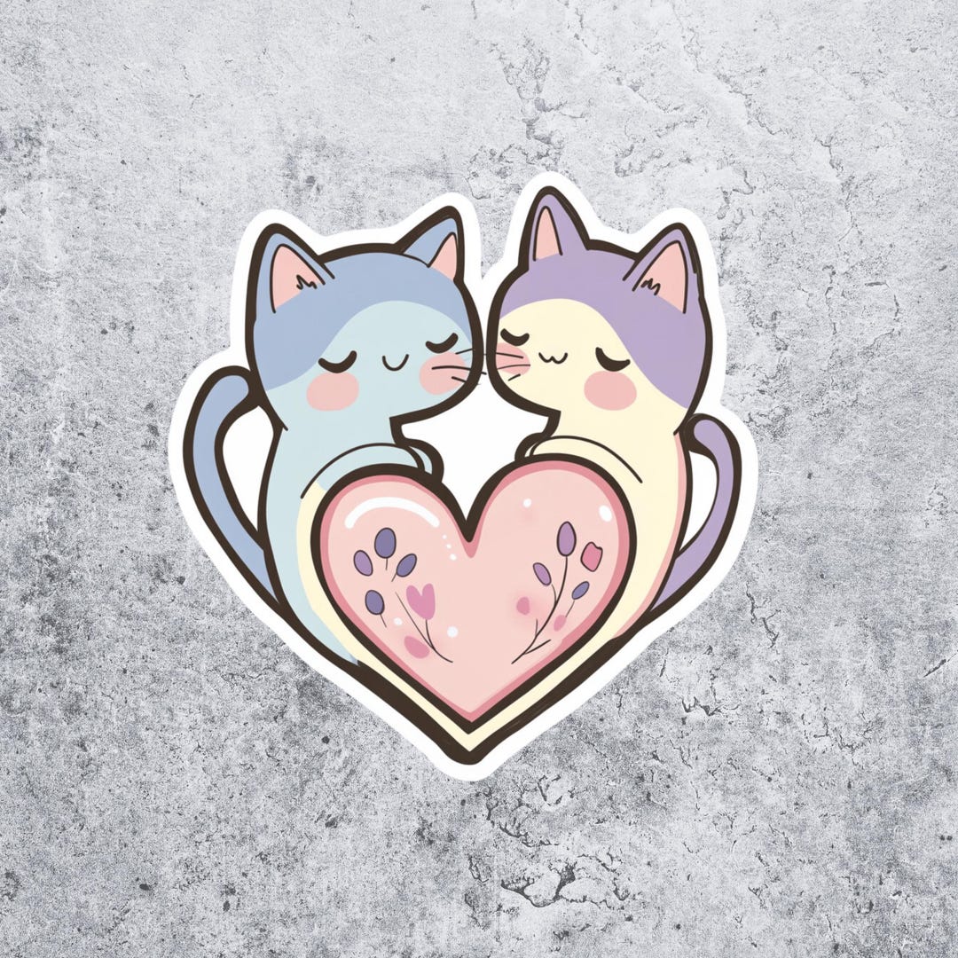 Romantic Cat Couple Sticker Heart Vinyl Decal Cute Gift for Cat Lovers ...