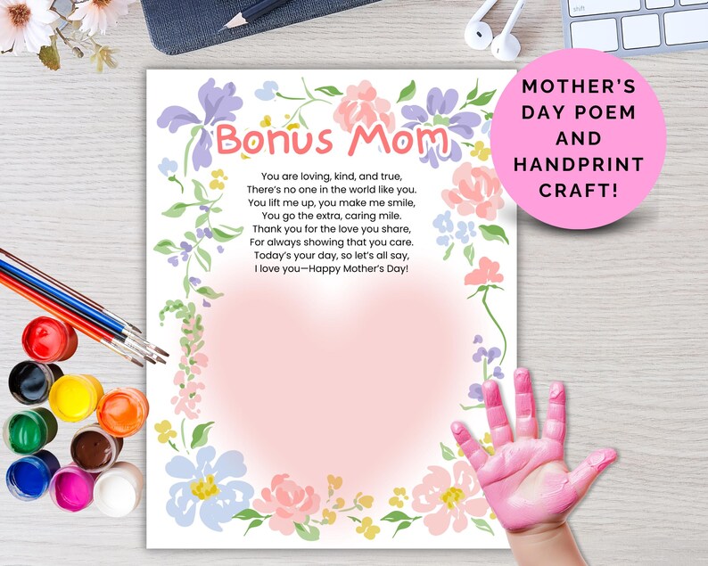 Bonus Mom Mother's Day Poem Bonus Mom Handprint Card Bonus Mom Mother's ...