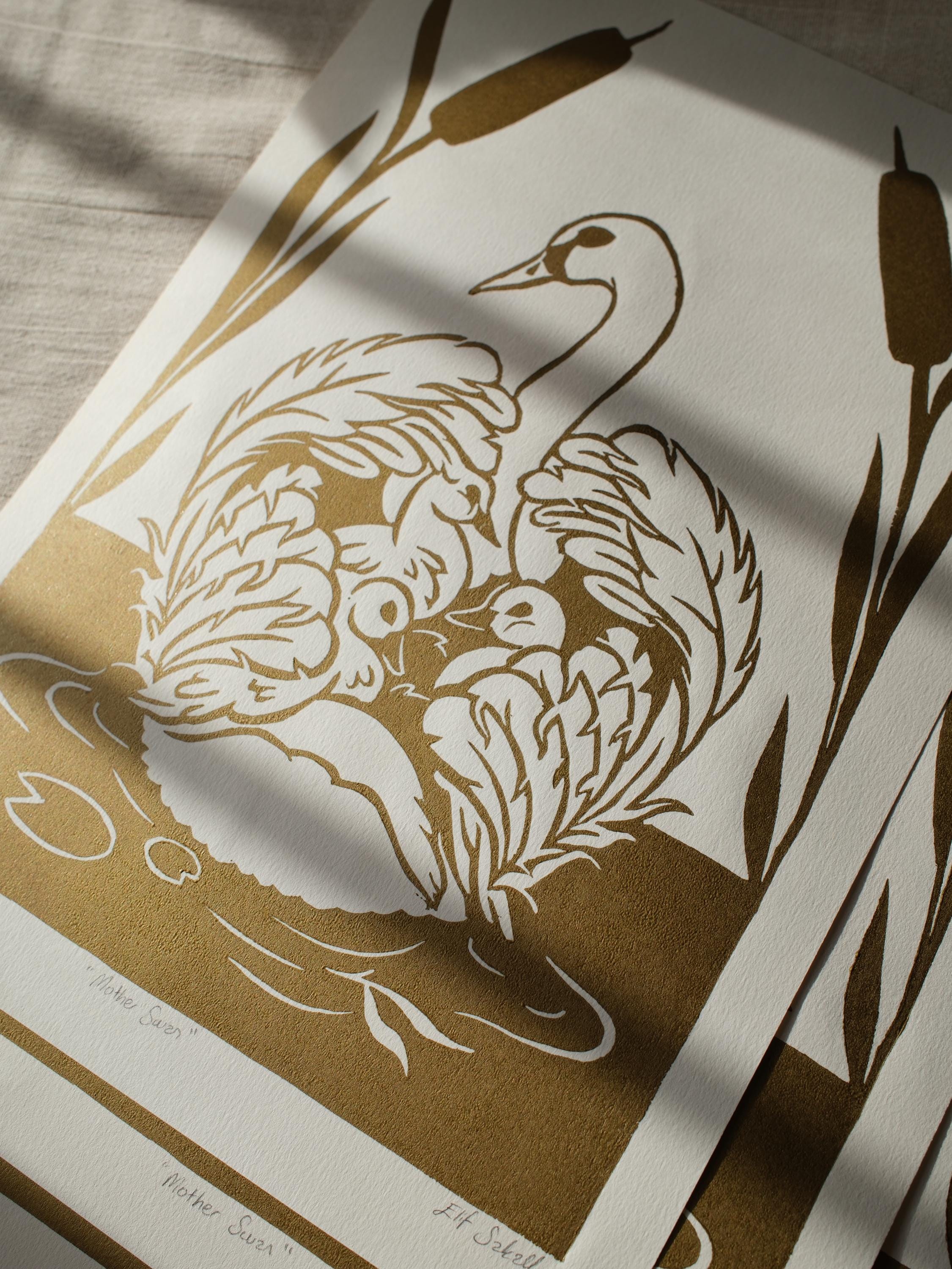 Mother Swan Handmade Linocut Print, Limited Edition, Linocut Poster ...