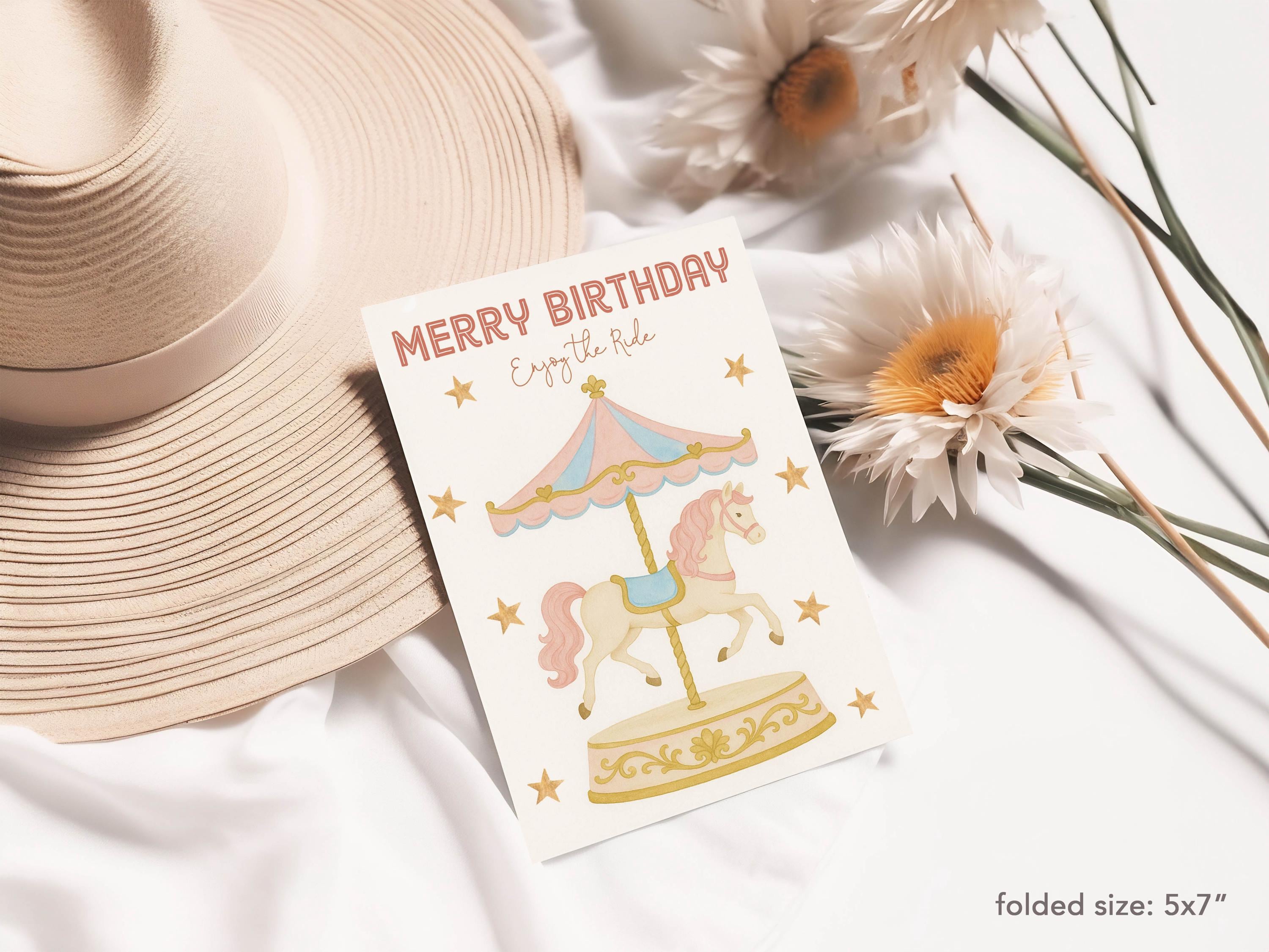 Carousel Merry Birthday Card 5x7": Pastel Merry-go-round Enjoy the Ride ...