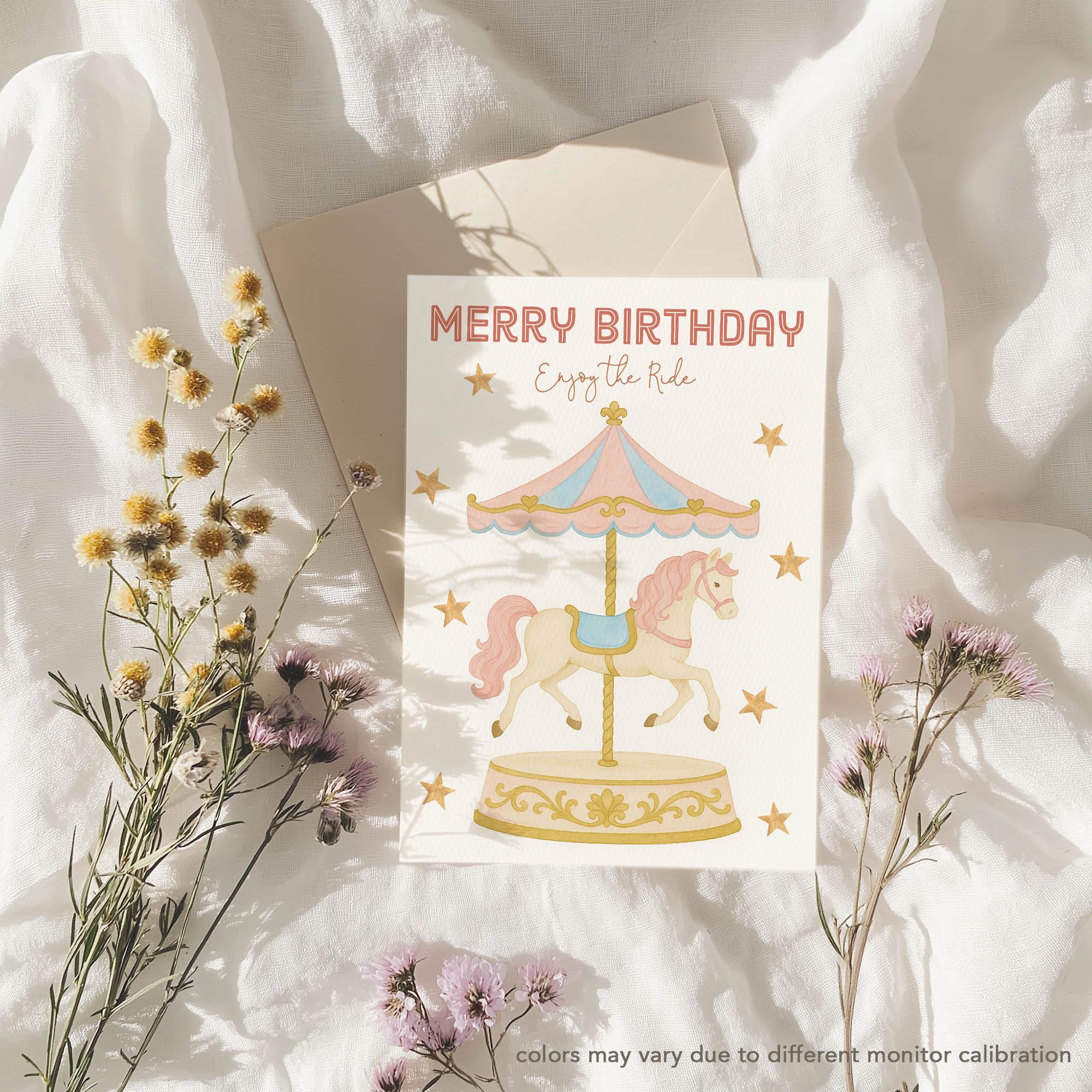 Carousel Merry Birthday Card 5x7": Pastel Merry-go-round Enjoy the Ride ...