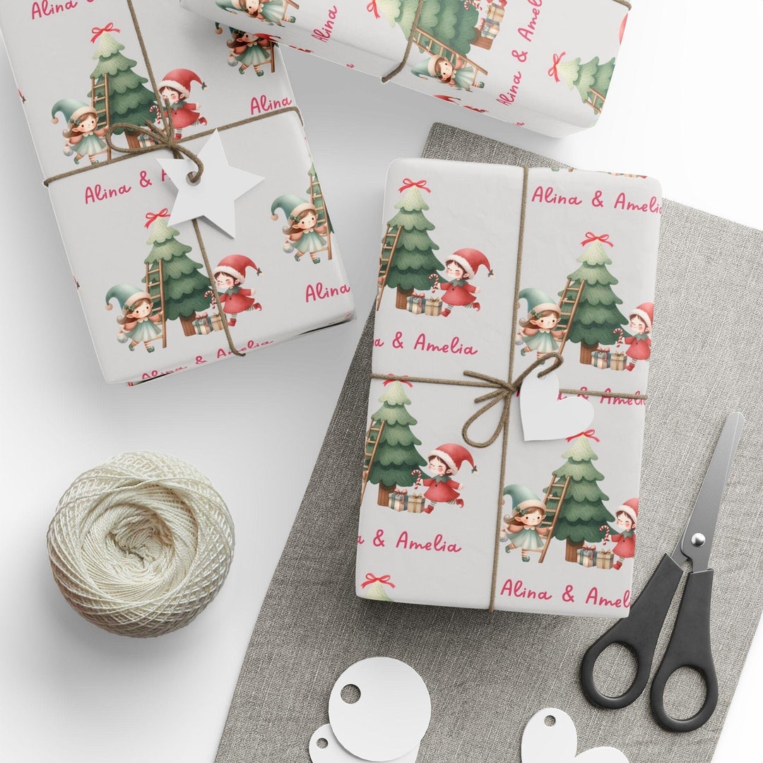 Personalized Name Christmas Girl Elf Wrapping Paper Two Girl Elves ...