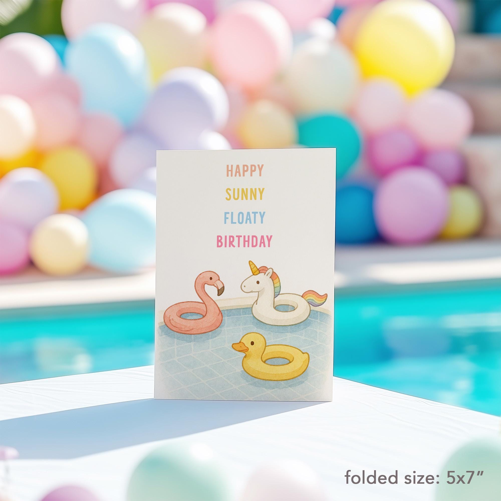 Pool Happy Birthday Card 5x7": Duck Flamingo Unicorn Swim Rings Summer ...